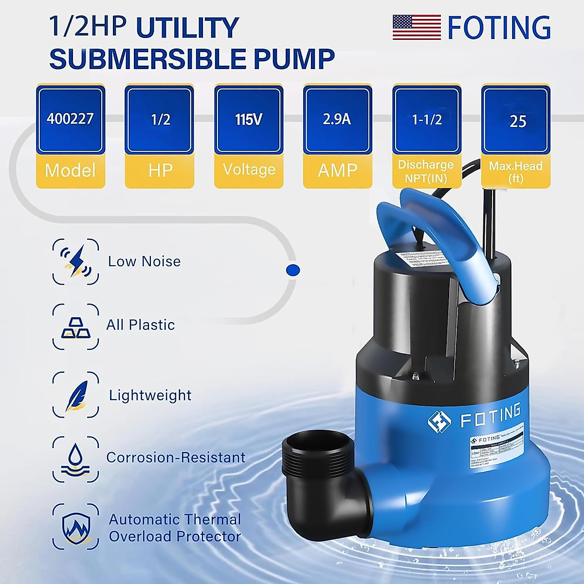 FOTING 1/2HP Submersible Water Pump with Stainless Steel Base - Removes Water to 0.04" Depth, 2450GPH Portable Sump Pump for Puddles, Pools, Boats, Gardens & Ponds - 10Ft Cord Included