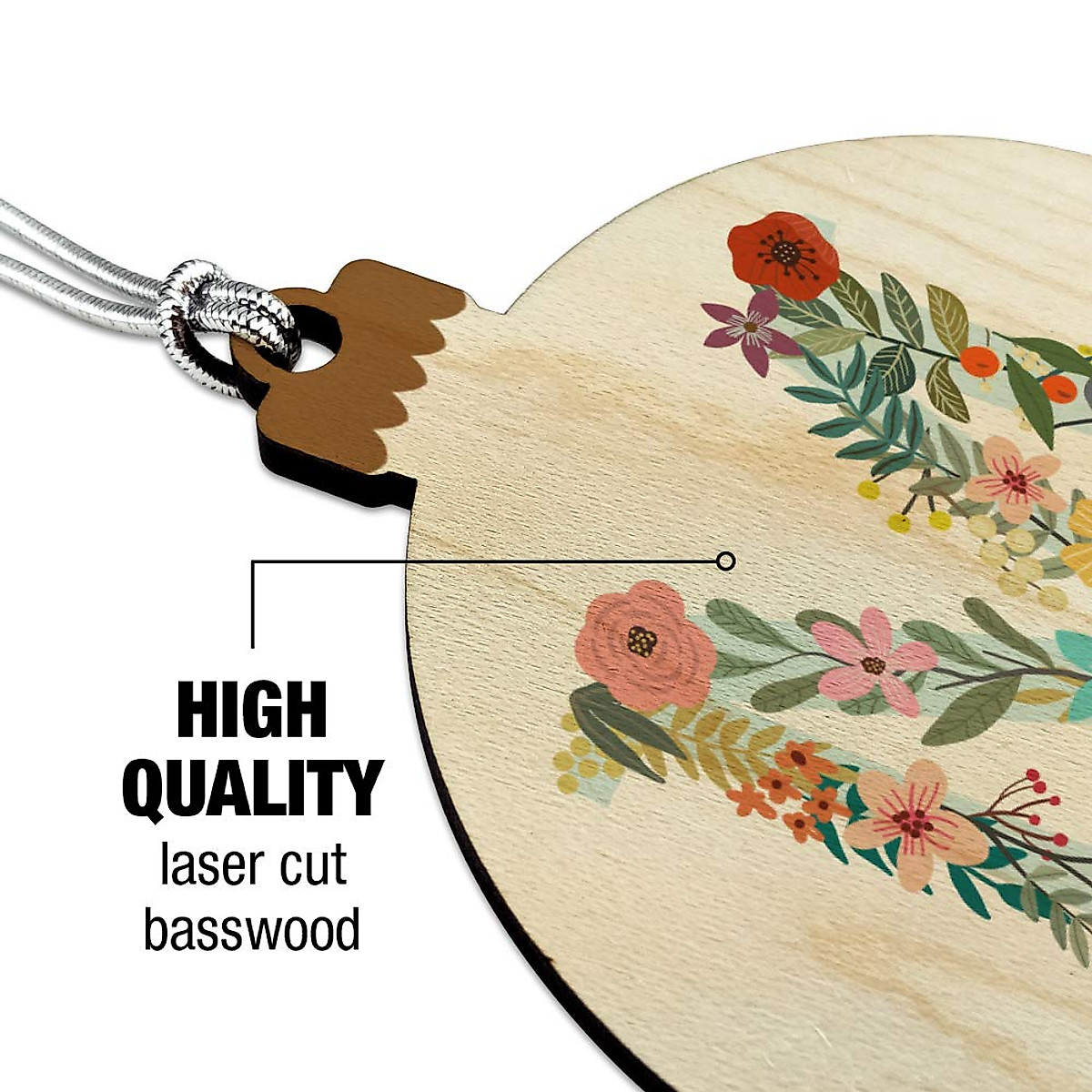 Letter M Floral Monogram Initial Wood Christmas Tree Holiday Ornament