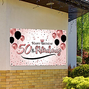 50th Birthday Black Rose Party Decoration, Extra Large Fabric Black Rose Sign Poster for 50th Anniversary Photo Booth Backdrop Background Banner, 50th Birthday Party Supplies (Style A)