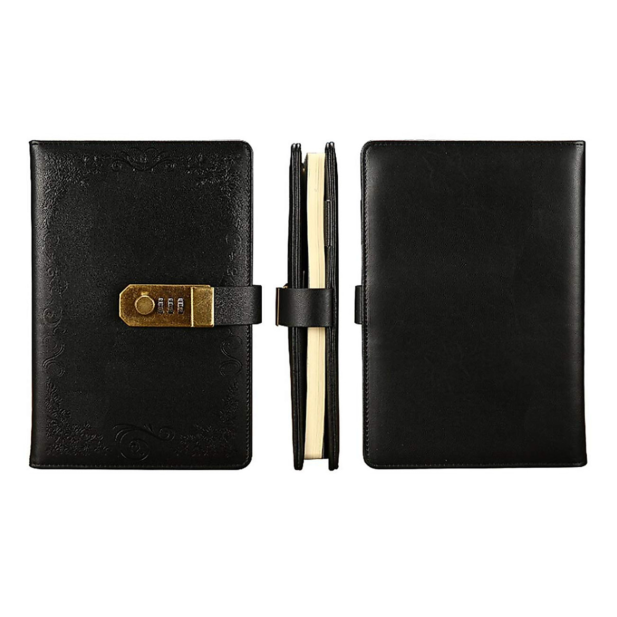 IPENNY A5 Vintage Leather Journal with Combination Lock Digital Password Journal with Bookmark Pen Loop Retro Privacy Notebook Writing Travel Diary Locking Journal, 100 Sheets (#1,Black)