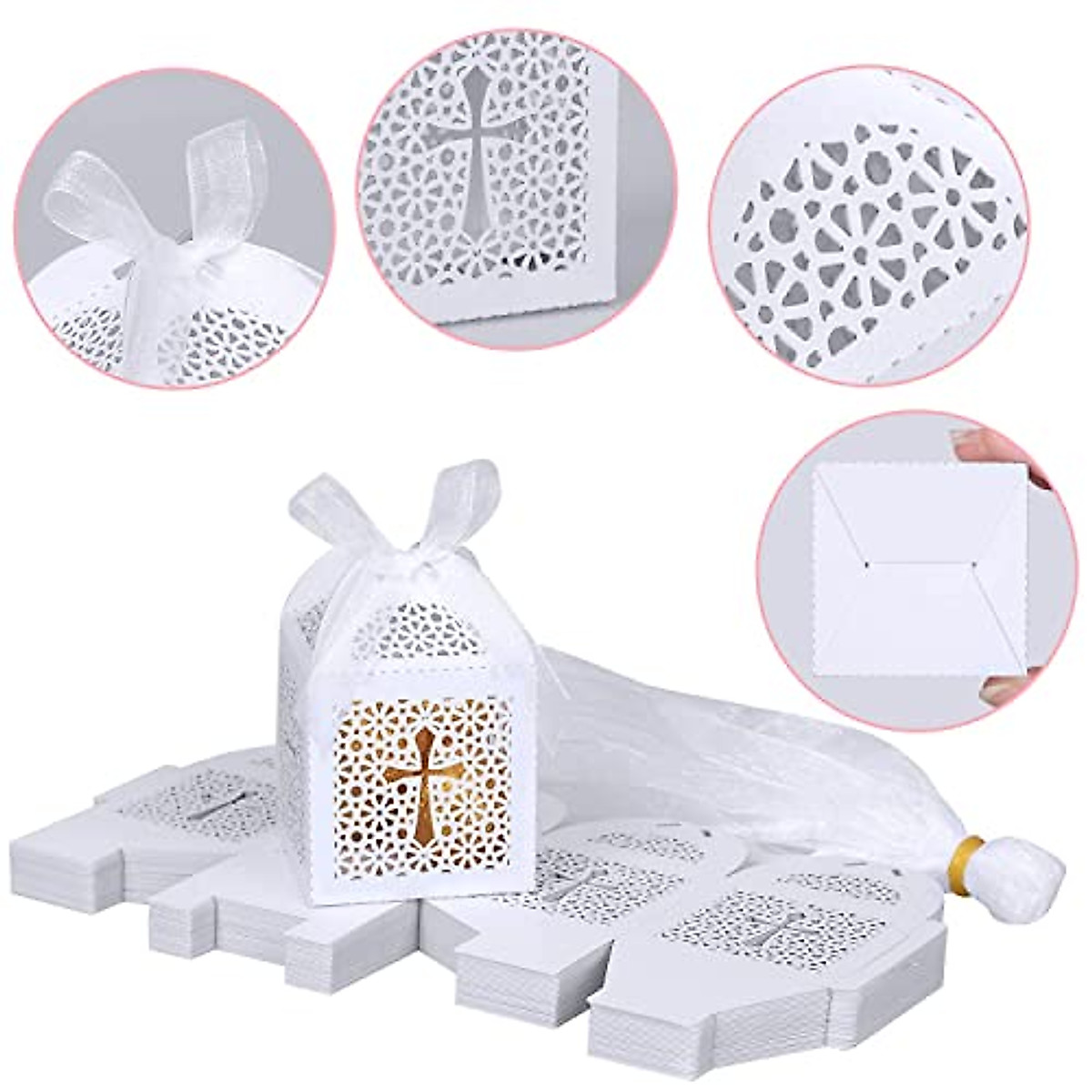 KPOSIYA 70 Pack Baptism Favor Boxes,Laser Cut Candy Boxes with Ribbons, Party Favor Small Gift Boxes for Baby Shower Baptism Decorations First Birthday Party Christening Favor (White-70)