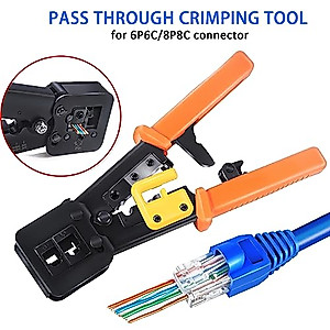 RJ45 Crimp Tool Ethernet Crimper for RJ45 Cat6 Cat5 Cat5e Pass Through Connectors and RJ12 Plug Ends with 50PCS RJ45 Cat6 Connectors, RJ45 Cable Tester and Mini Wire Stripper