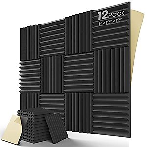 LEIYER Upgrade 12 pack Sound Proof Foam Panels With Self-Adhesive, 1" X 12" X 12" Acoustic Panels Quick-Recovery, Acoustic Foam Wedges High Density (12pcs, Black)
