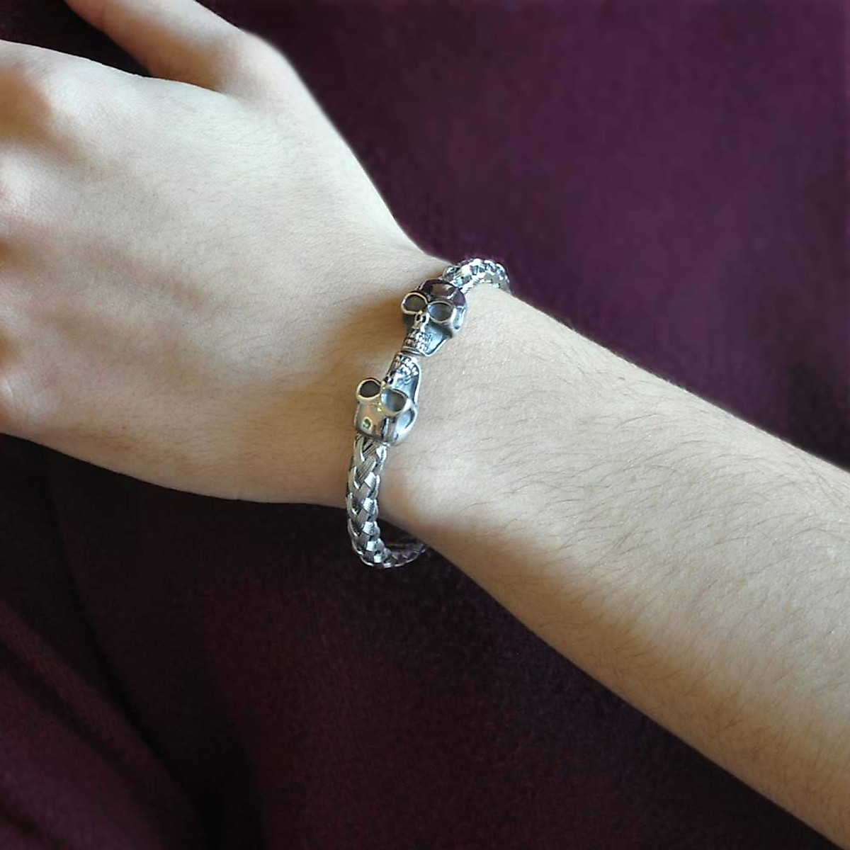 Forziani TENACITY Double Skull Steel Cuff Bracelet for Men - Adjustable Size - Men's Open Cuff Bangle Bracelet in Stainless Steel - One Size Fits All