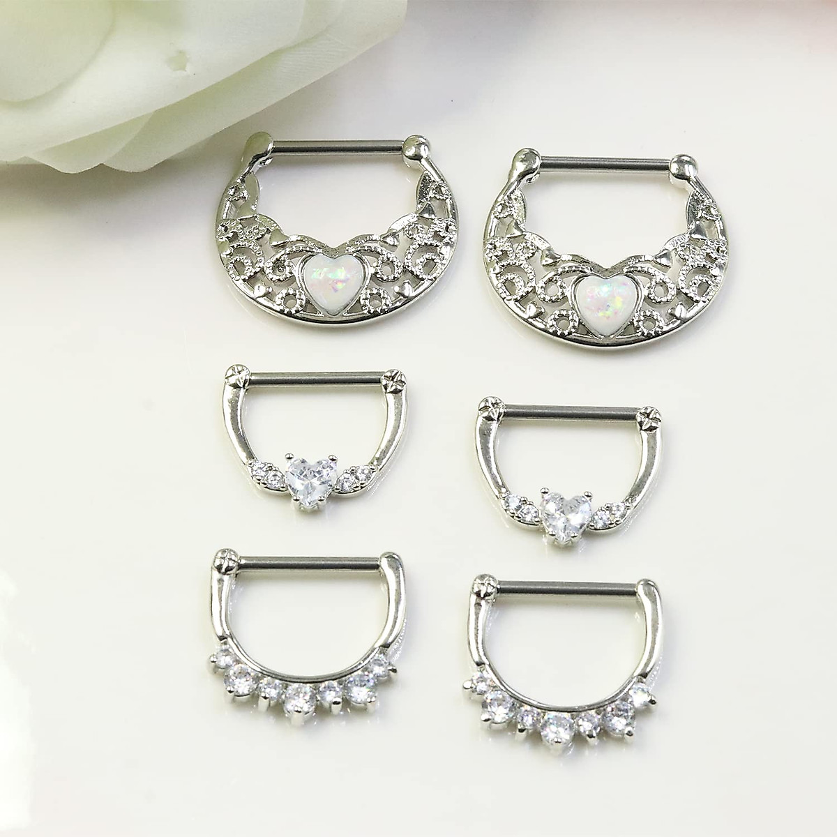 FLOGWE 14G 316L Heart Nipple Cliker Surgial Steel Opal Nipple Ring Nipple Piercing Jewelry Shiny Heart Clear CZ Nipple Bars Nipple Barbell for Women…