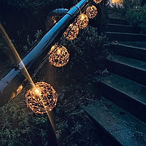 Solar Rattan Ball String Lights Outdoor Waterproof 8.5ft Led Decorative Light with Beaded Copper, Rattan Ball Outside Lighting for Christmas, Patio,Party, Backyard, Porch, Garden, Balcony, Warm White