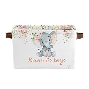 Joyestore Pink Flower Elephant Personalized Storage Bins ,Baskets Cubes Organizer with Handle for Shelves Closet Nursery Toy 2 Packs