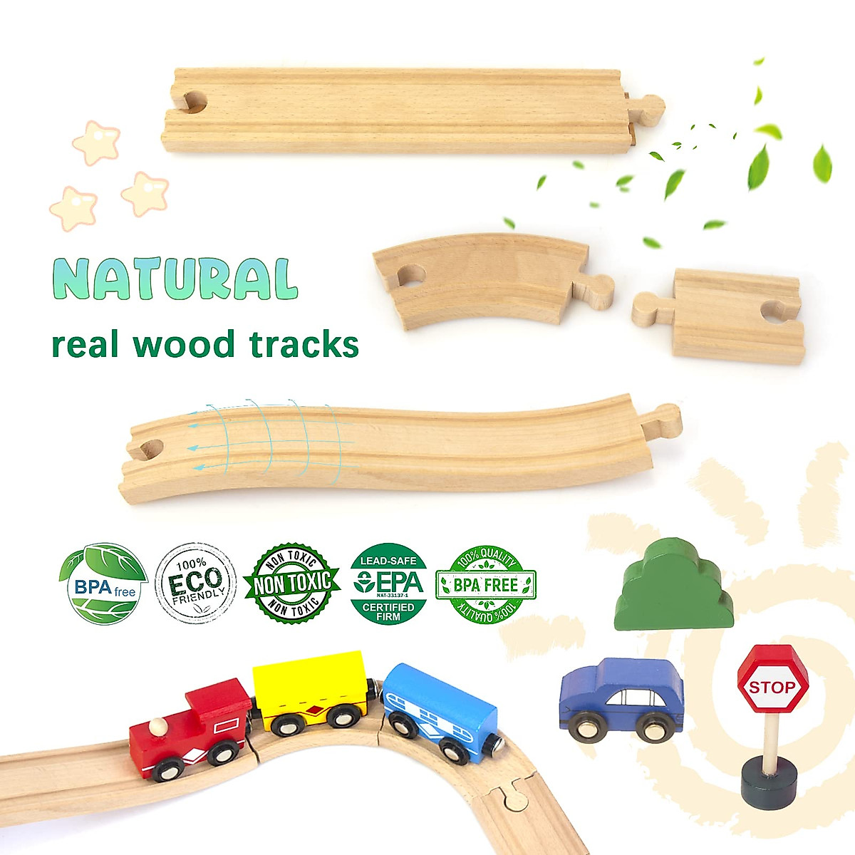 60Pcs Train Set for 3 Year Old Boys, Double-Side Wooden Train Set Tracks for Toddlers, Fits Brio, Thomas, Melissa and Doug, Kids Wood Train Toys for 3 4 5 Year Old Boys and Girls (Gray)