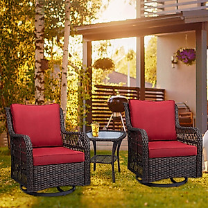 OMTech Rocking Chair, Outdoor Wicker Rotation Rocking Chair with Cushion, Outdoor Rocking Chair Set of 3, with End Table, Indoor Outdoor Patio Yard Bistro Furniture, Red