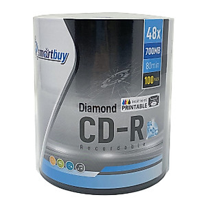 100 Pack Smartbuy Diamond CD-R 48X 700mb/80min White Inkjet Hub Printable Top with Silver Diamond Bottom Blank Data Recordable Disc
