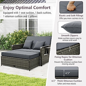 RELAX4LIFE Wicker Patio Outdoor Daybed - Rattan Day Bed Lounger with Loveseat & Storage Ottoman, Sunbed Sofa Set w/Cushions, 4-Level Adjustable Backrest & 2 Retractable Trays, Patio Daybed (Grey)