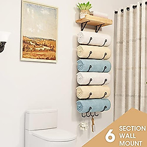 HULISEN Towel Racks for Bathroom, Wall Mounted Towel Rack with Wooden Shelf & 4 Hooks, Extended Wall Mount Towel Holder, Metal Bath Towel Holder for Bath Storage Organizer and Decor, Matte Black