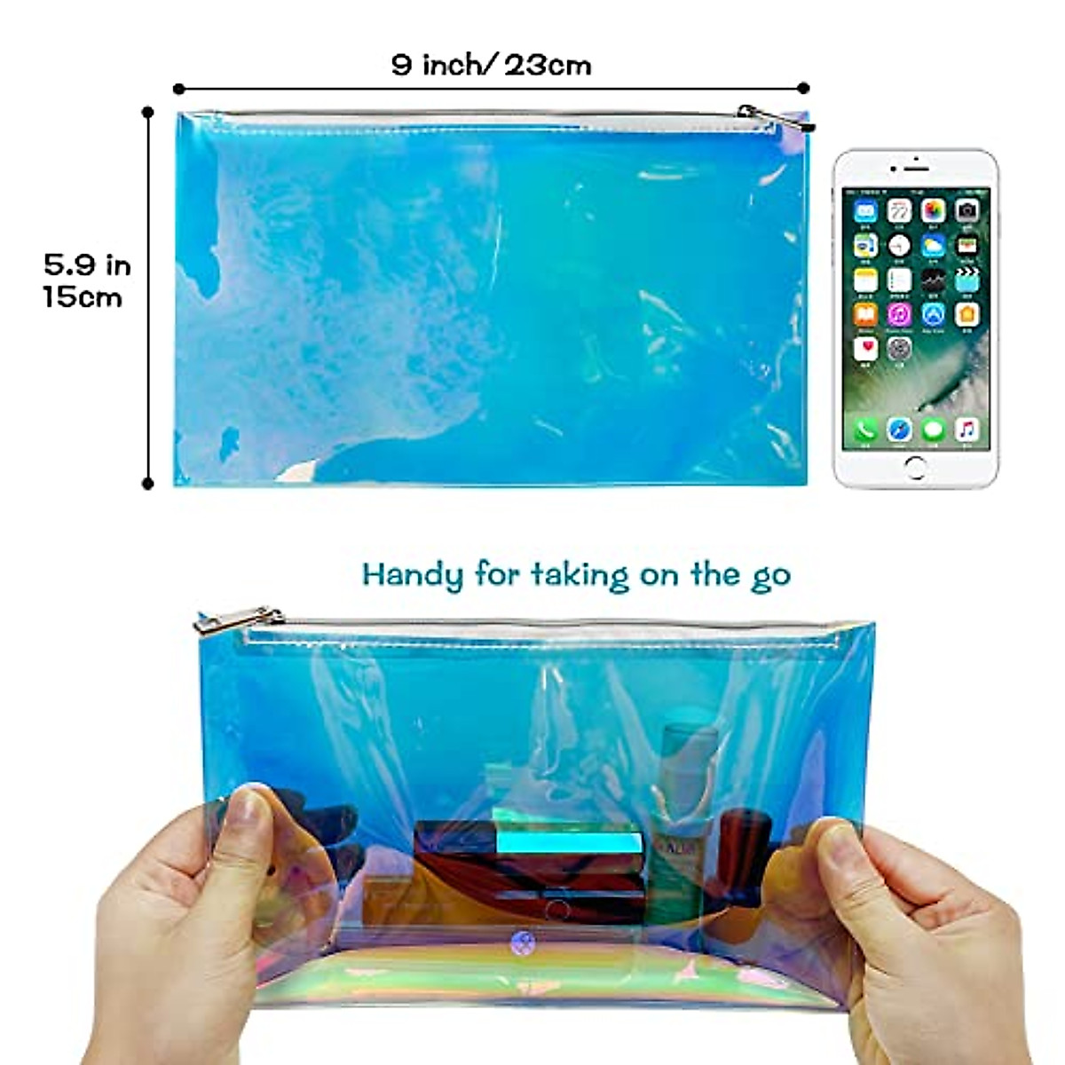 HRX Package Clear Iridescent Holographic Makeup Bag, 3pcs Cosmetic Pouches with Zipper Travel Organizer Case for Purse Diaper Bag