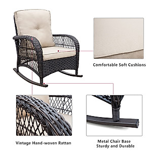 Flymatic 3 Pieces Outdoor Wicker Rocking Chair Set, Rattan Patio Rocker Chairs Set with Cushions and Glass-Top Coffee Table