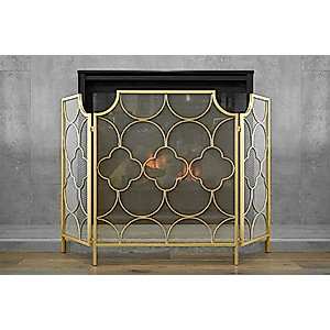 Barton 49" x 30" Fireplace Screen Gold Iron Mesh Geometric 3 Panel Fire Door Freestanding Cover Decorative Spark Guard Gate Grate