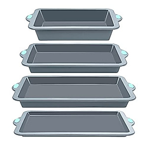 To encounter Silicone Baking Pans Set, 4 Pieces Nonstick Bakeware Set with Baking Pans, Baking Sheets, Cookie Sheets, Cake Pan with Metal Reinforced Frame More Strength, Light Grey