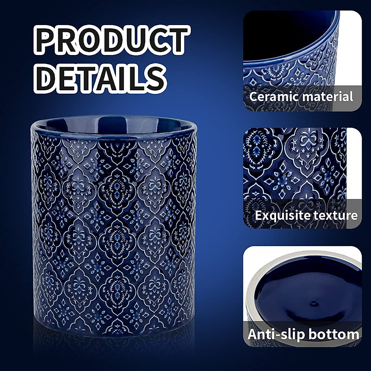 KOOV Kitchen Utensil Holder, Large Utensil Holders for Countertop, 6 x 7 Inches Ceramic Utensil Crock, Deep and Stable, Cooking Utensil Holder, Embossed Pattern (BLue)