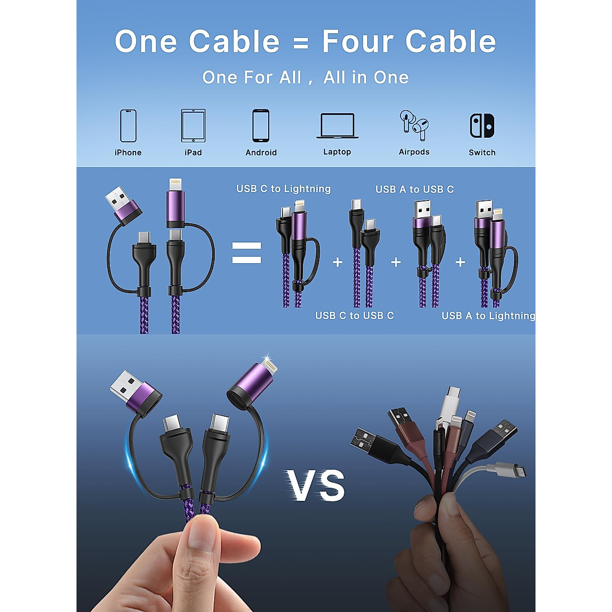 4 in 1 Fast Charging Cable 60W 6FT Apple MFi Certified USB C to Lightning Cable Nylon Braided USB A/C to C/Lightning Cable Multi iPhone Charger Cord for iPhone 16 15 14 13 Pro/iPad/Samsung/MacBook