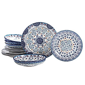 Bico Blue Talavera Ceramic 12 pcs Dinnerware Set, Service for 4, Inclusive of 11 inch Dinner Plates, 8.75 inch Salad Plates and 35oz Dinner Bowls, for Party, Microwave & Dishwasher Safe