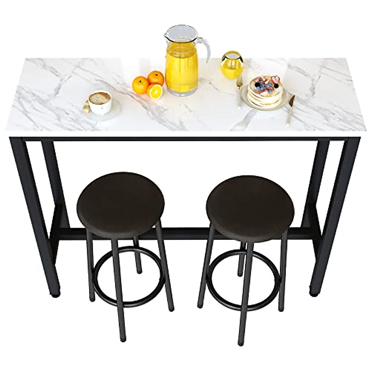 Recaceik Dining Table Set, 47.2” Rectangle Pub Dining Set Kitchen Table Set Bar Table with Stools, 3-Piece Breakfast Table Set with Metal Frame for Kitchen Dining Room w/ 2 Chairs - White