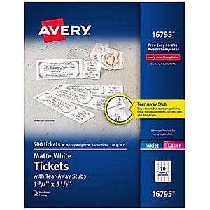 Avery Matte White Printable Tickets with Tear-Away Stubs, 1-3/4 x 5-1/2, Pack of 500 (16795)