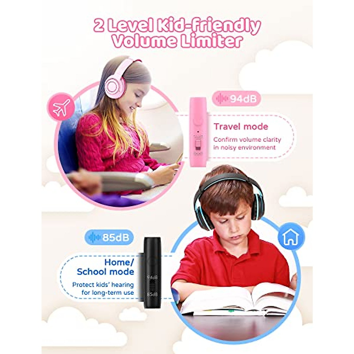 Kids Headphones Wired with Microphone, 85/94dB Volume Limit, Foldable Adjustable Headphone for Girls Boys Children, Tangle-Free 3.5mm Jack Wired for Study, School, Kids Headset for iPad (pink&black)