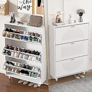 vinform Entryway Shoe Cabinet, Shoe Storage Cabinet with 3 Flip Drawers, Slim Shoe Cabinet for Hallway, Narrow Shoe Storage Cabinet, White Shoe Rack Storage Cabinet(W31.5 x D9.45 x H47.24)