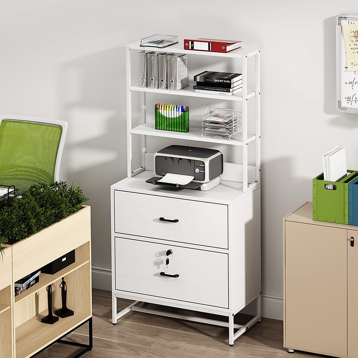 Jehiatek File Cabinets for Home Office with Lock 2 Drawer, Large Vertical Filing Cabinet with Bookshelf, Sturdy, Durable, Easy to Assemble and Clean (White), 25.59'D x 15.75'W x 62'H