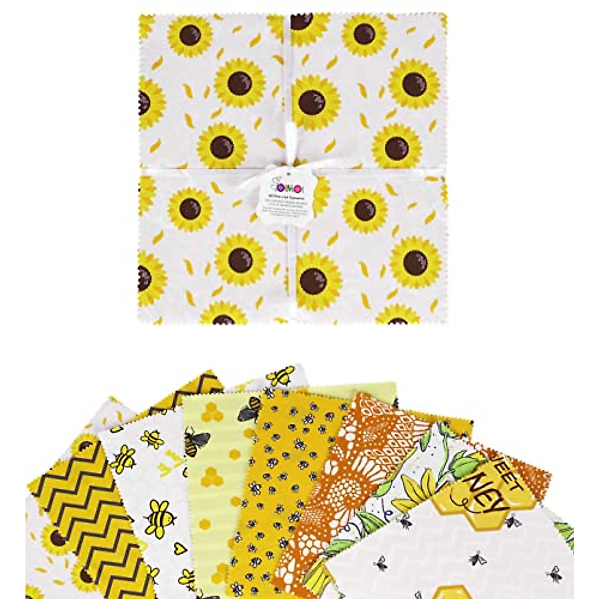 Soimoi Precut 10-inch Honey Bee Prints Cotton Fabric Bundle Quilting Squares Charm Pack DIY Patchwork Sewing Craft- White & Yellow