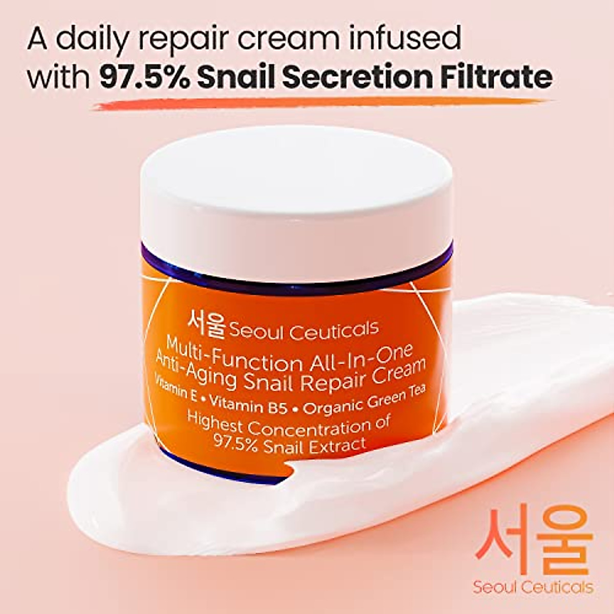 SeoulCeuticals Korean Skin Care 97.5% Snail Mucin Repair Cream - Korean Moisturizer Day Night Cream Snail Mucin Extract - All In One Recovery Power For The Most Effective K Beauty Routine 2oz