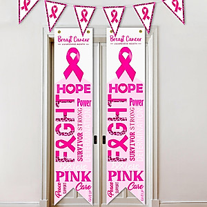 3 Pieces Breast Cancer Awareness Banner Porch Sign Set, Includes Pink Ribbon Pennant Banner, 2 Pieces Breast Cancer Ribbon Banner for Breast Cancer Awareness Party Decoration Supplies