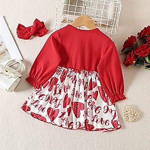 Camidy Baby Girl Dress Infant Girls Long Sleeve Casual Dress Toddler Heart Print A-Line Dress with Bowknot Headband Red