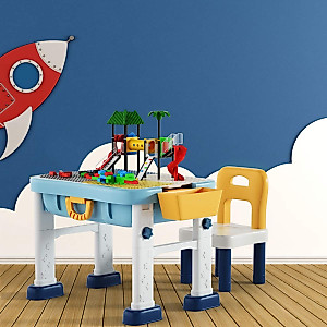 HONEY JOY 6-in-1 Kids Activity Table, Large & Small Size Blocks Compatible w/Classic Blocks, Adjustable Height, Water Table & Sand Table & Dry Erase Easel w/Marker, Kids Play Table with Storage