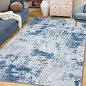 Zacoo Washable Rug 5x7 Area Rugs Abstract Blue Printed Rug Low Pile Area Rug Modern Rug Abstract Distressed Floor Mat Non Slip Area Rugs Living Room Bedroom Light Blue