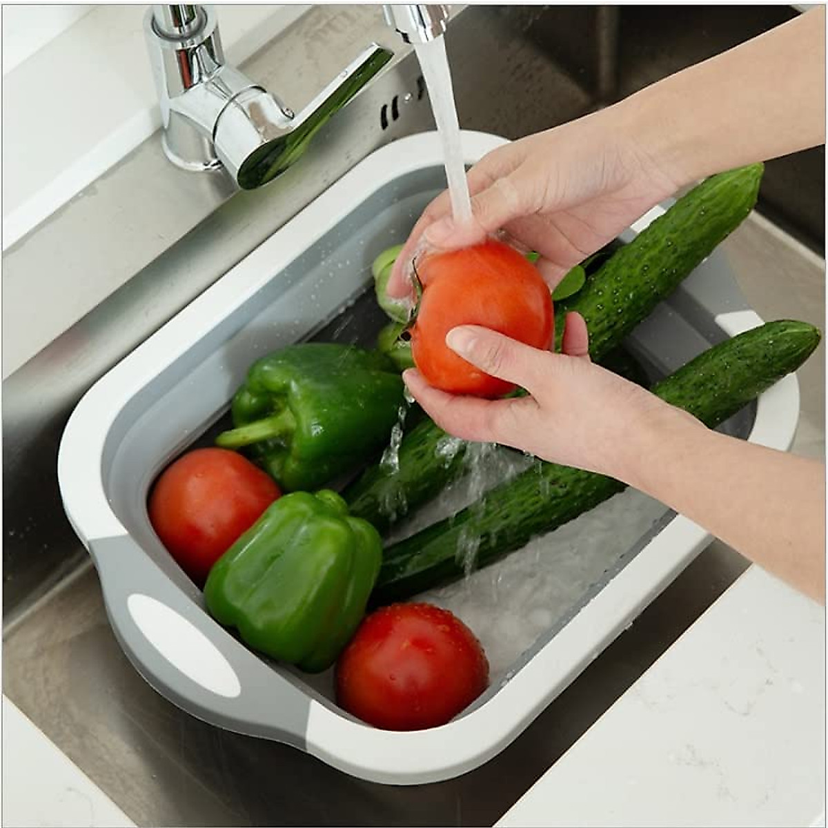 SKIMT Chopping Board Kitchen Chopping Block Foldable Cutting Board with Colanders Kitchen Chopping Boards Washing Basket Drain Kitchen Organizer