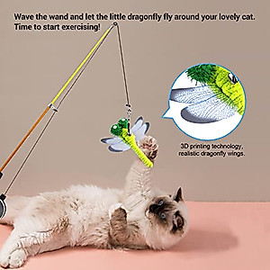 Cat Fishing Pole Toy, 1 Retractable Cat Wand 4 Replacement Attachments with Feathers Fish Dragonfly Caterpillar with Crinkle Paper Interactive Kitten Toys Gifts with Detachable Bells Nylon Rope