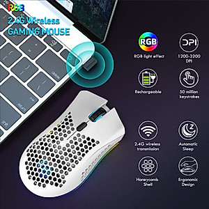 HETOETF Wireless Gaming Mouse Lightweight Honeycomb Design, Rechargeable RGB Backlight Computer Mouse with USB Receiver,Adjustable DPI,2.4GHz Wireless Mouse for PC/Mac/Laptop