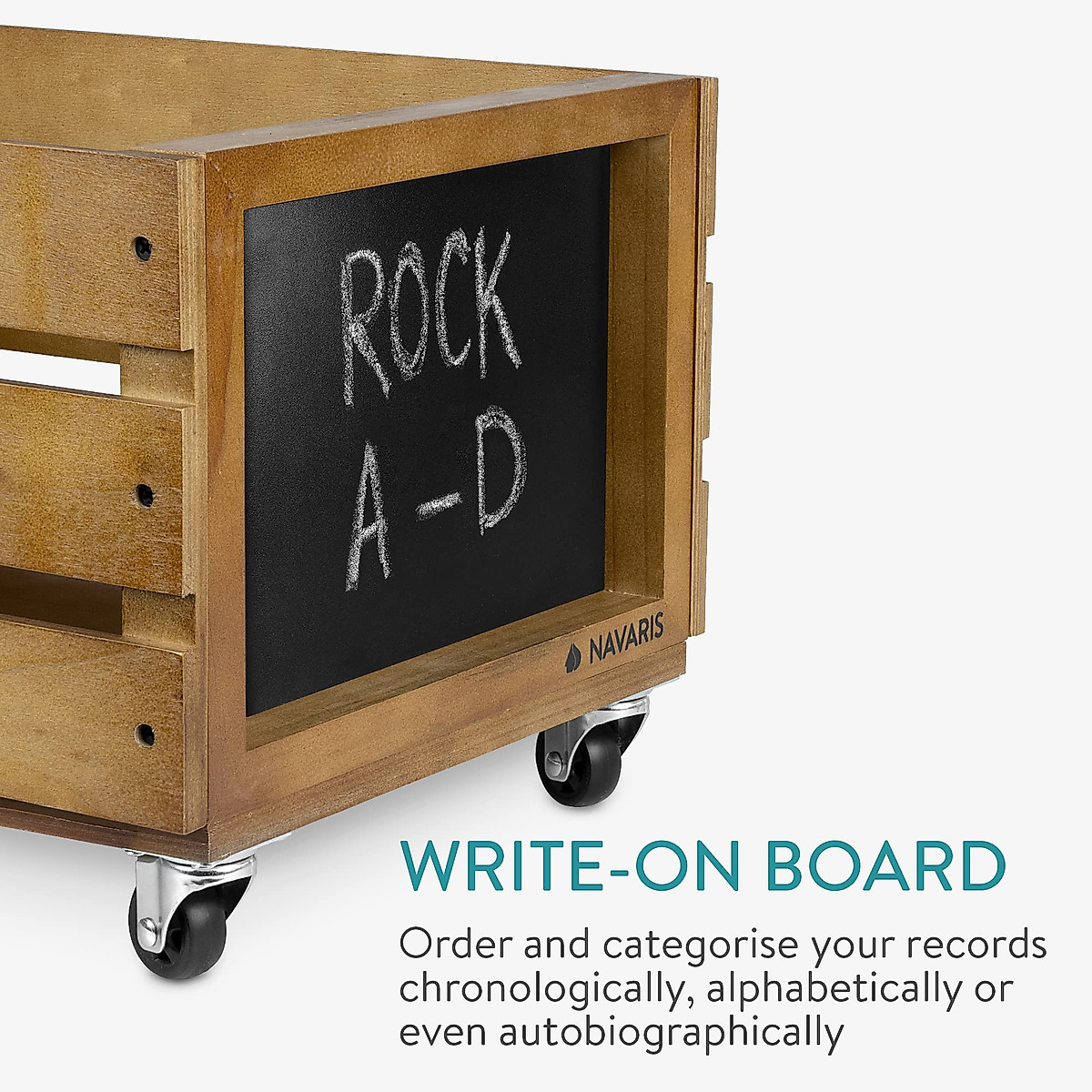 Navaris Wood Record Crate with Wheels - Vinyl Album Storage Holder Box Wooden Case with Chalkboard Sign Board - Holds up to 80 LP Records - Brown