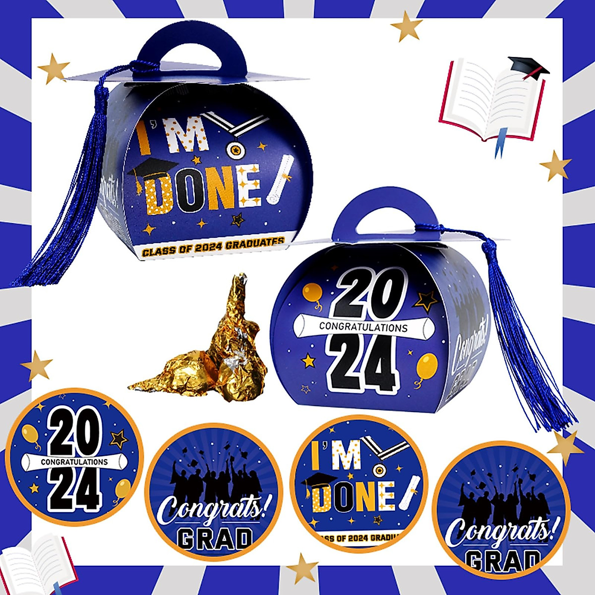 Graduation Cap Gift Box 30 Pcs 2024 Congrats Grad Graduation Candy Box with Tassel Treat Box, Graduation Party Favors Graduation Centerpieces for Tables Decorations Grad Party Supplies(Blue, Gold)