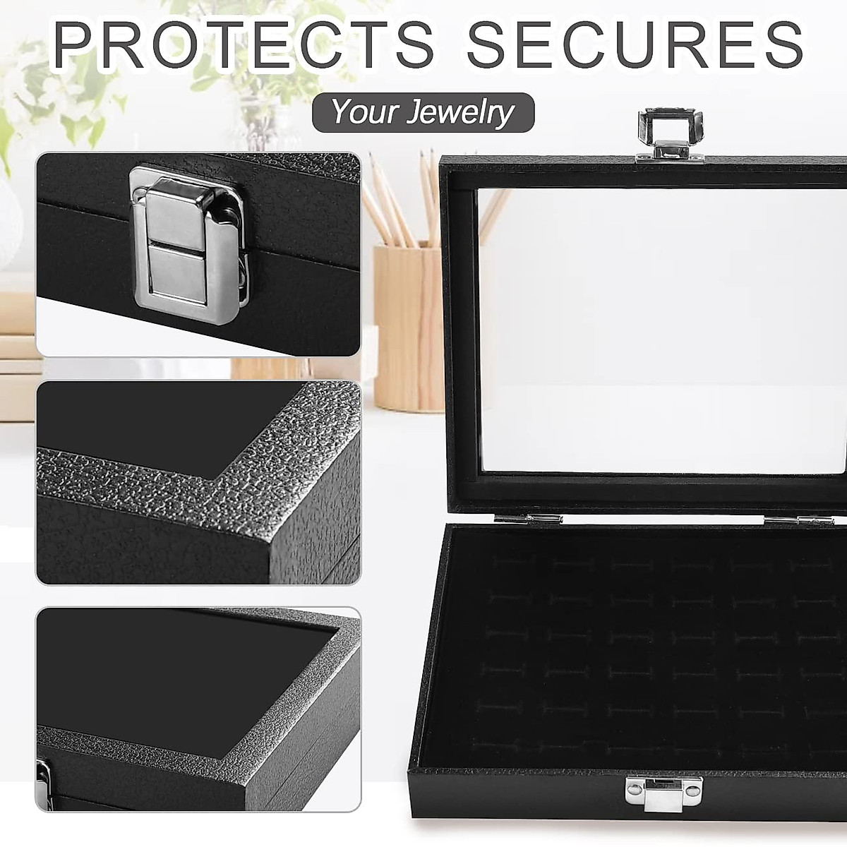 Barelove Jewelry Rings Storage Organizer Case, Black Wooden 36 Slot Velvet Glass Ring Storage Box Display, Earrings Stand Boxes Holder Organized Tray for Jewelry Showcase