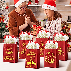 Christmas Gift Bags 24 Pcs, Red Glitter Christmas Bags for Gifts with Tissue Paper, 6 Styles Red and Gold Foil Paper Goodie Bags with Handles, Bulk Xmas Holiday Reusable Party Favor Treat Gift Bags