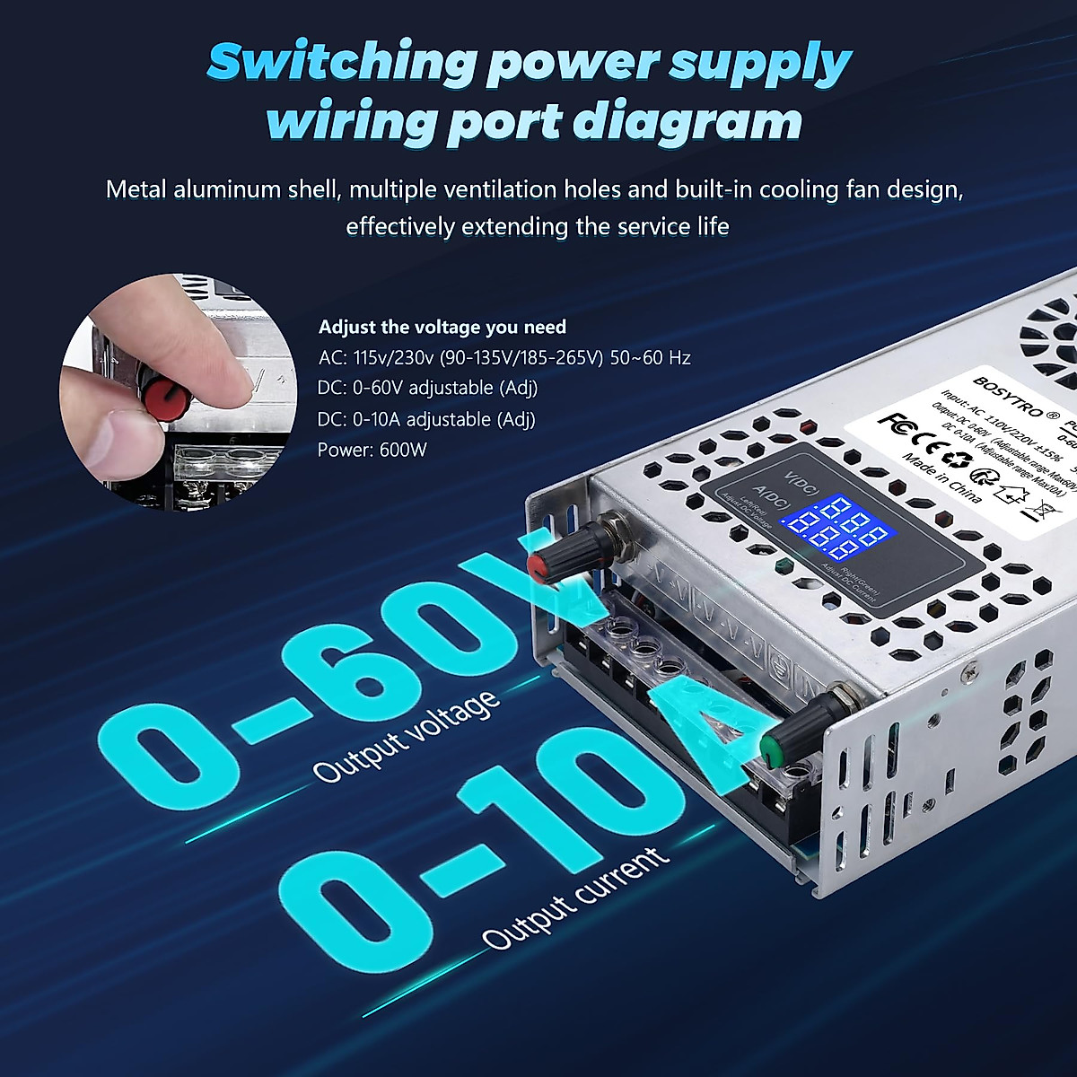 BOSYTRO 48V Adjustable dc Power Supply 600W,Switching Power Supply AC 110V/220V to DC 0-48V DC Converter with LED Digital Display, 5V 24V 36V Buck Converter for Dimmable LEDs,3D Printer,Computer Lab
