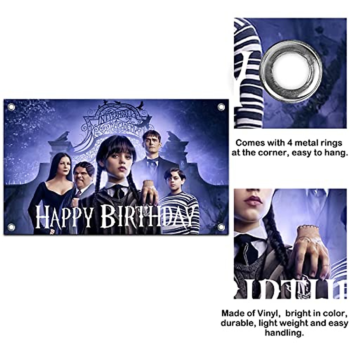 Wednesday New Addams Party Supplies, Happy Birthday Backdrop for Wednesday Party Decorations, 5 x 3FT Birthday Banner for Girls Boys Kids Birthday Party Decor