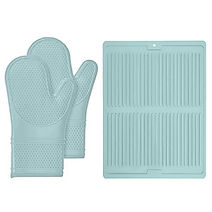 Gorilla Grip Silicone Oven Mitts Set and Silicone Dish Drying Mat, Both in Mint Color, Oven Mitts are Heat Resistant, Drying Mat is Size 16x12, 2 Item Bundle