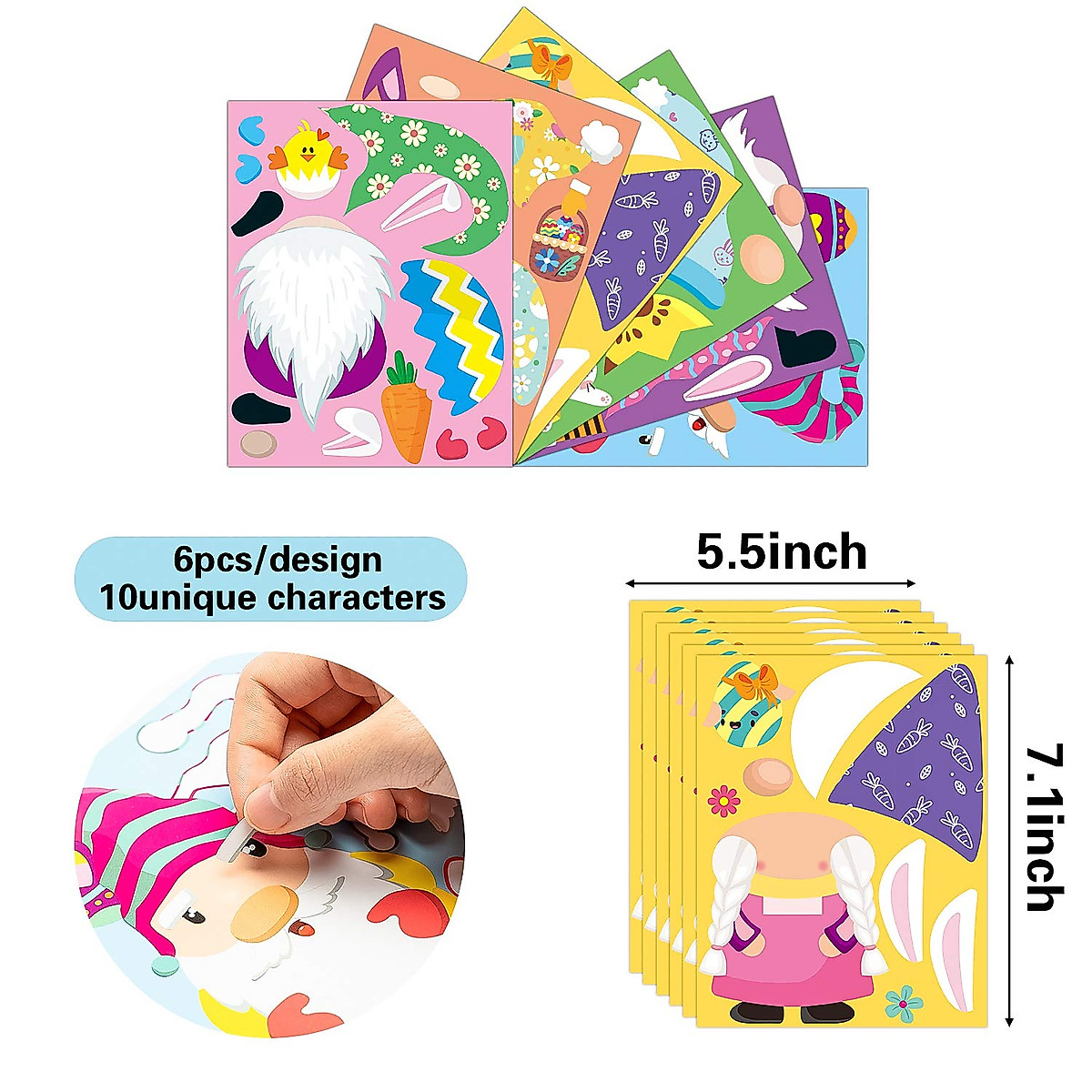 MALLMALL6 36Pcs Make a Easter Bunny Gnome Sticker Game DIY Art Crafts Your Own 6 Kinds Cartoon Characters Stickers Mixed and Matched Games Decorations Party Favors Birthday School Supplies for Kids