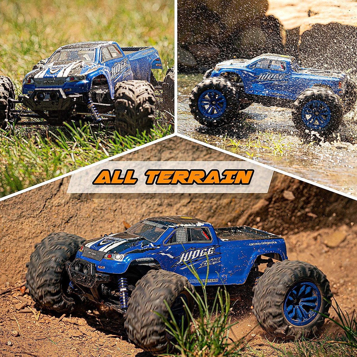 Soyee RC Cars 1:10 Scale RTR 46km/h High Speed Remote Control Car All Terrain Hobby Grade 4WD Off-Road Waterproof Monster Truck Electric Toys for Kids and Adults -1600mAh Batteries x2