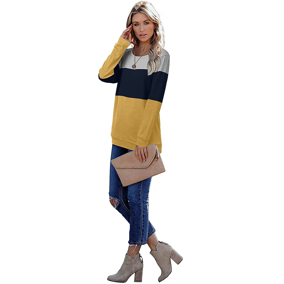 CRAZY GRID Ladies Long Sleeve Tops Pullover Color Block Casual Sweatshirts Comfy Lounge Blouse Blue Yellow Medium