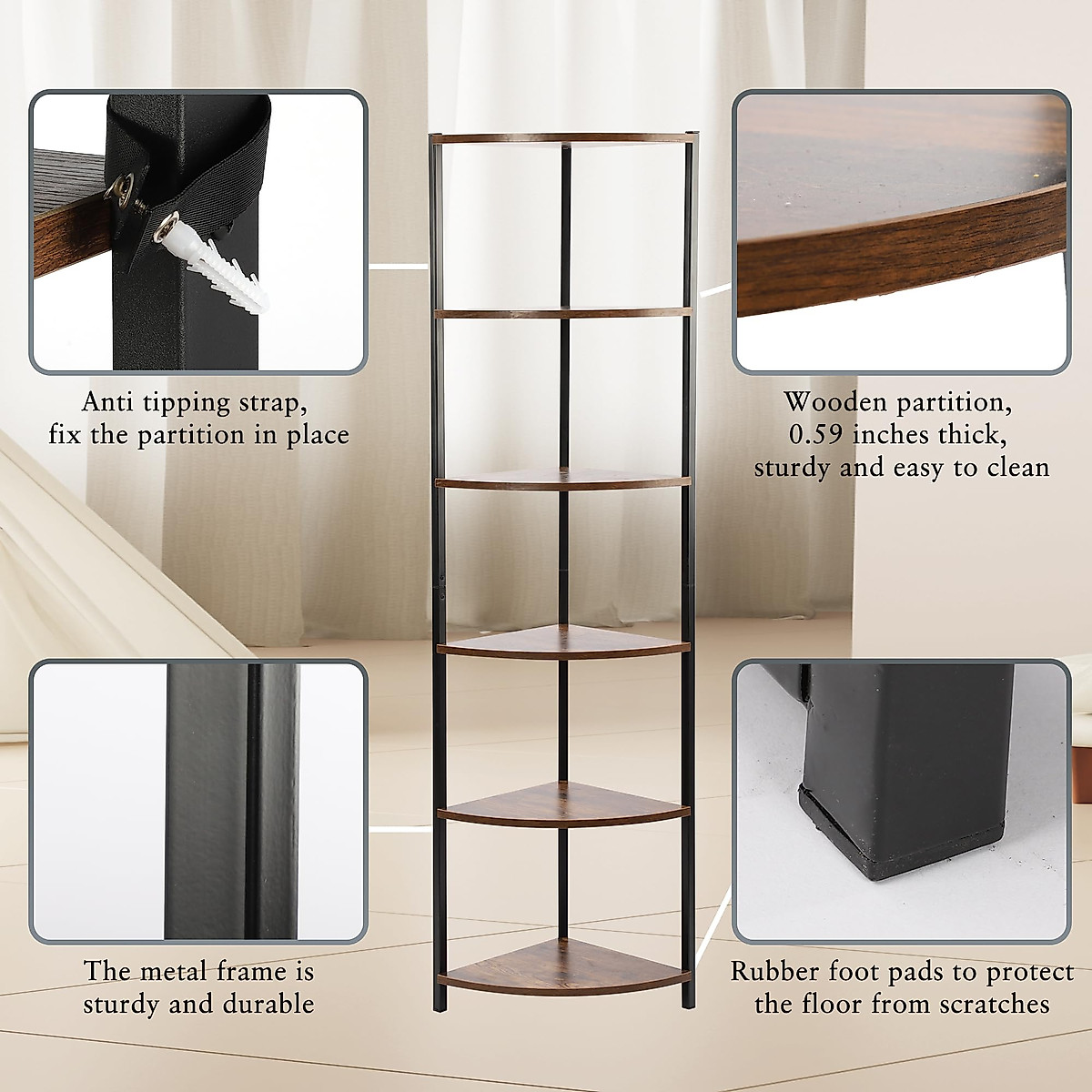 thksbought 6 Tier Corner Shelf,Display Shelf,Ladder Corner Wooden Storage Metal Frame Shelf,Multi-Functional Shelf Unit Wall Corner Shelf for Bedroom,Bathroom and Office Space (1,Dark Brown)