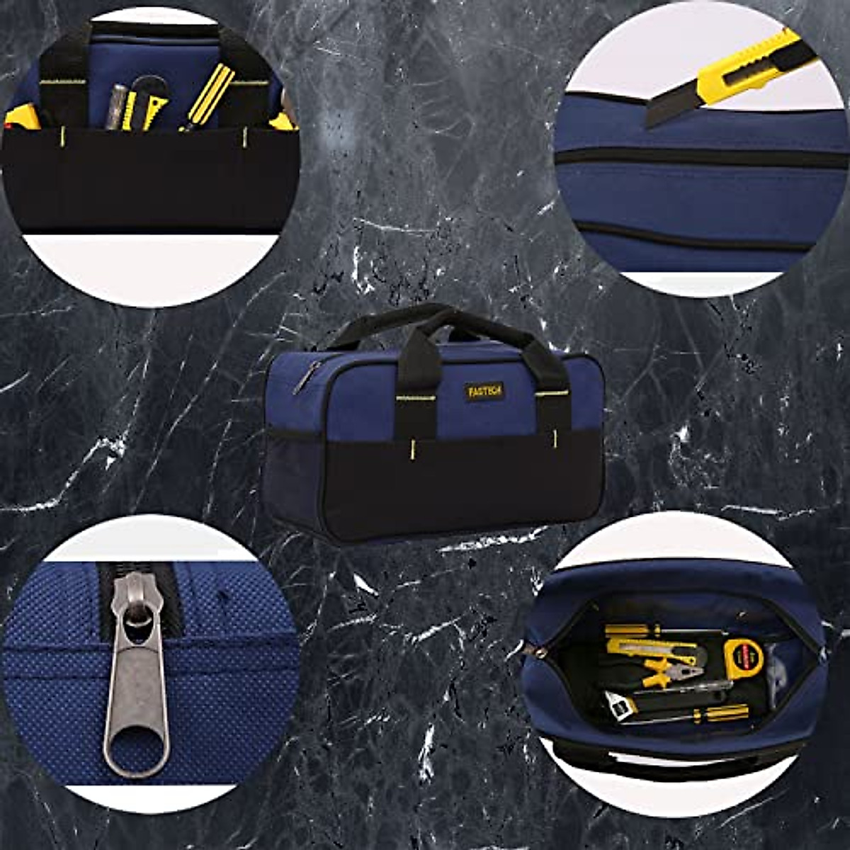 FASTECH 14 Inch Small Tool Bag,Wide Mouth Tool Tote Bag,Waterproof Tool Organizer Bag,Electricians Repairman Tools Tote Bag Double Fabric Storage Bag (Blue)