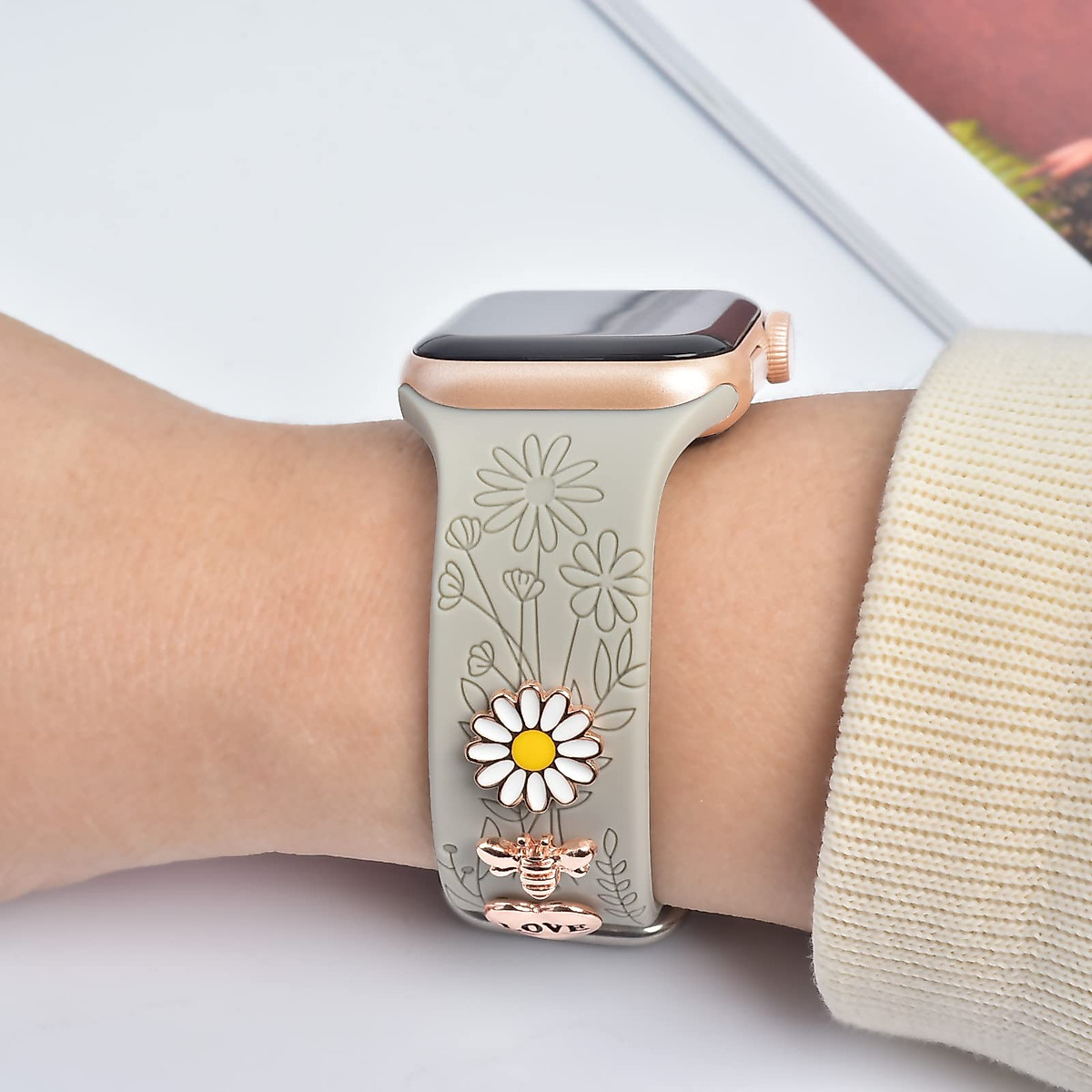 ORATYFAN Floral Engraved Bands with Charms Compatible with Apple Watch Bands 38mm 40mm 41mm, Soft Sport Silicone Wristbands Women Flower Replacement Strap for iWatch Bands Series SE 8 7 6 5 4 3 2 1